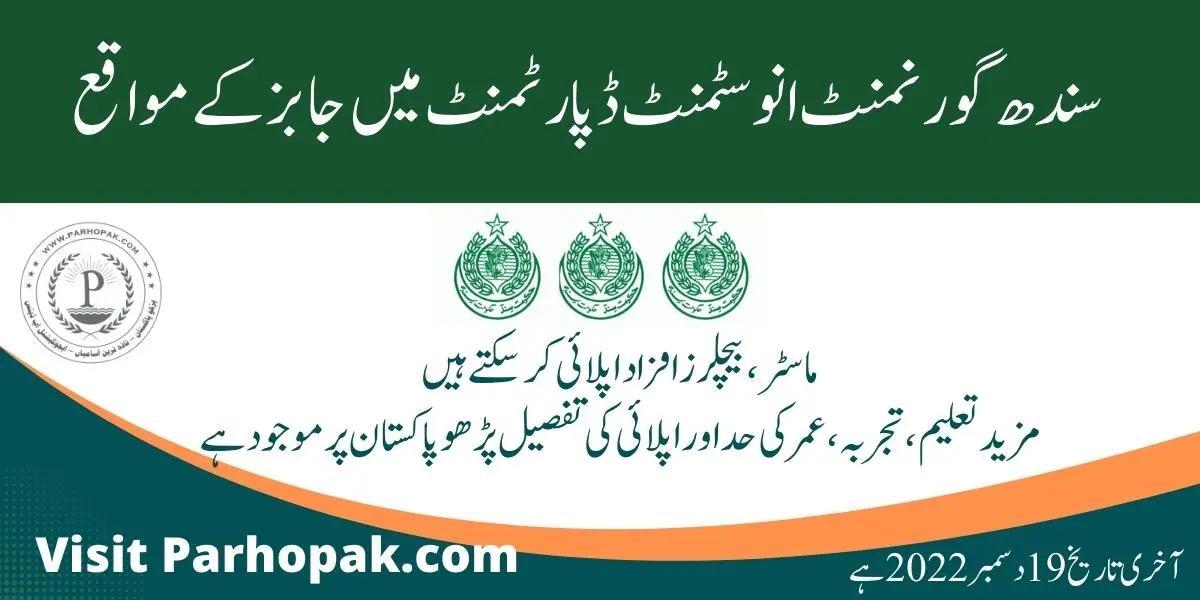 Investment Department Govt of Sindh Jobs 2022