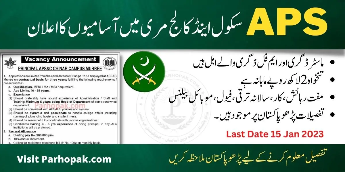 Army Public School and College Muree Jobs 2023 for APS&C Chinar Campus