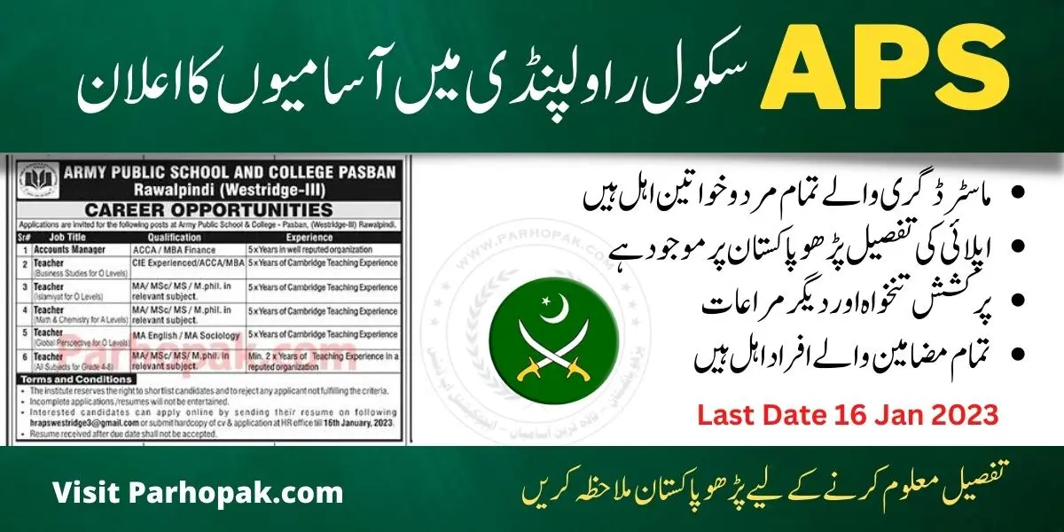 Army Public School APS Jobs 2023 at Pasban Rawalpindi Campus