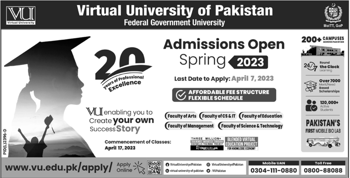 Virtual University VU of Pakistan Admissions 2023 Apply Online