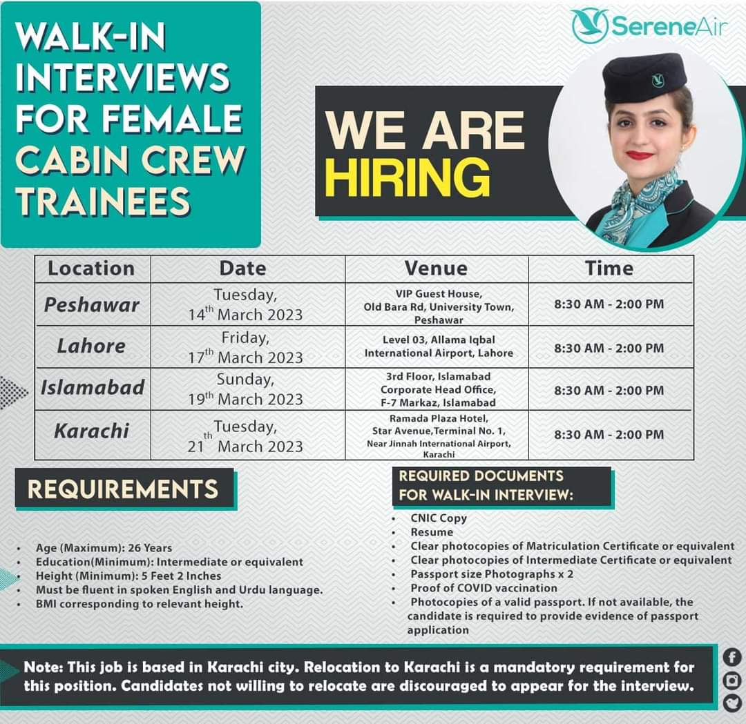 Serene Air Cabin Crew Trainees Jobs 2023 - Wak -In - Interview