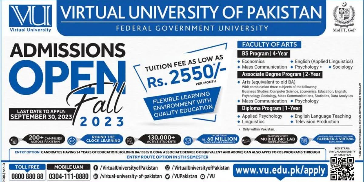 Virtual University Admission 2023 Apply Online www.vu.edu.pk