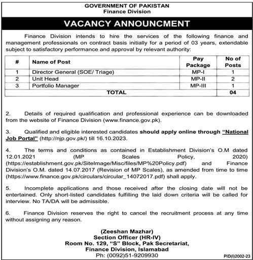 Finance Division Federal Govt of Pakistan Jobs 2023