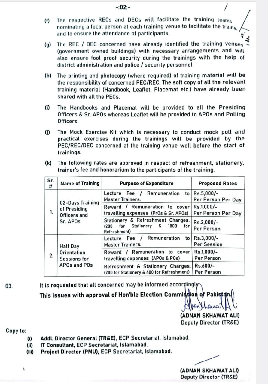 ECP Schedule for Training of Presiding Officers and Polling Officers for GE 2024