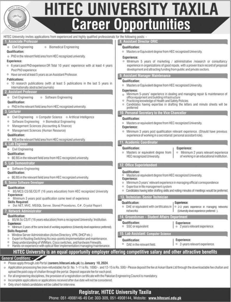 HITEC University Teaching and Non-Teaching Jobs 2023