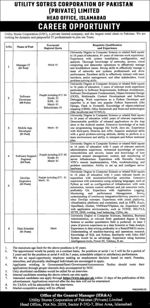 Utility Stores Corporation of Pakistan Jobs 2024